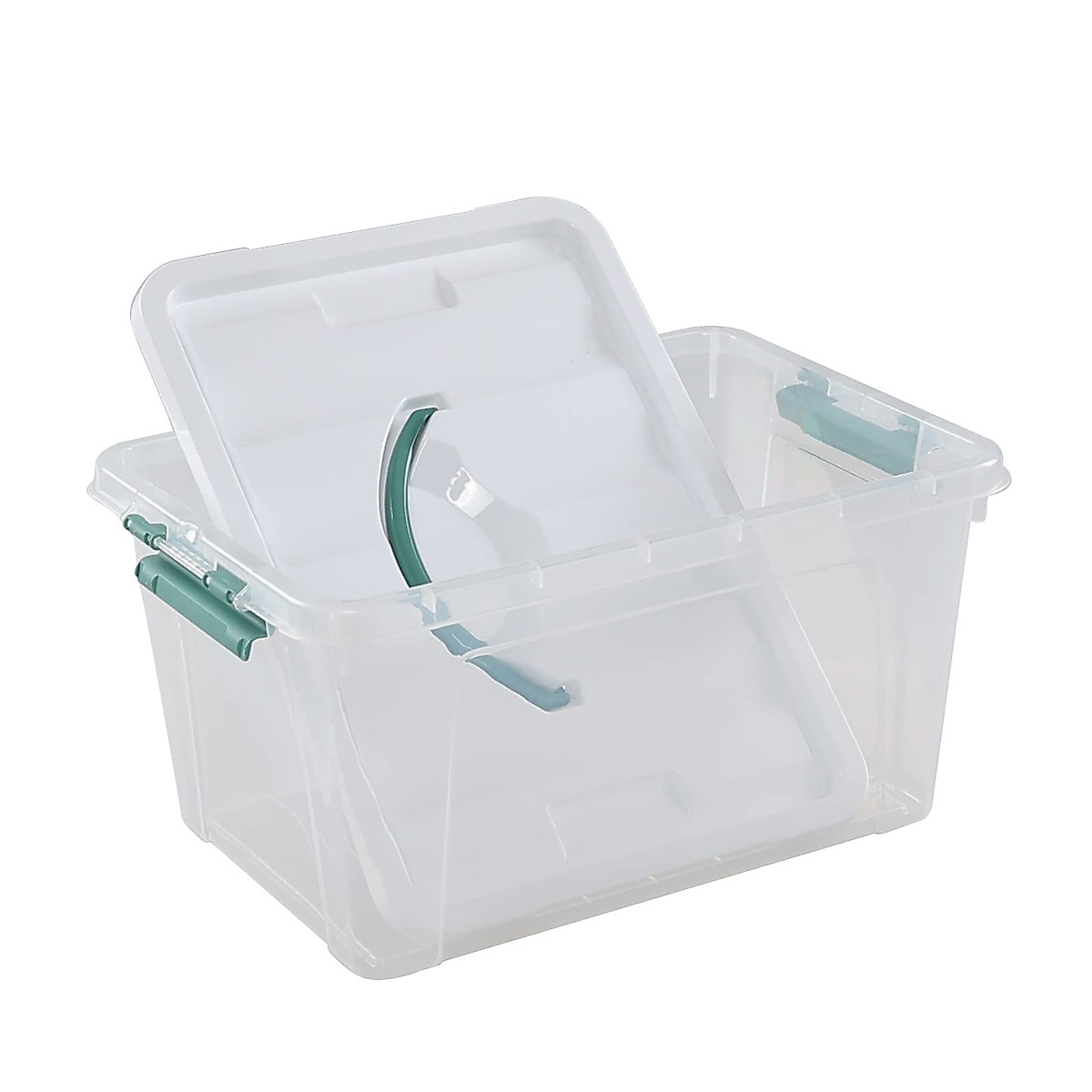 Pekky 1 Pack Plastic Small Latch Storage Box, 14 Quart Clear Lidded Storage Bin with Green Handle