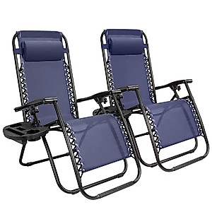 GUNJI Zero Gravity Chair Outdoor Lawn Folding Lounge Chairs Adjustable Reclining Patio Chairs Set of 2 with Cup Holder Lounge Gravity Chairs for Poolside, Backyard, Beach and Camping (Blue)