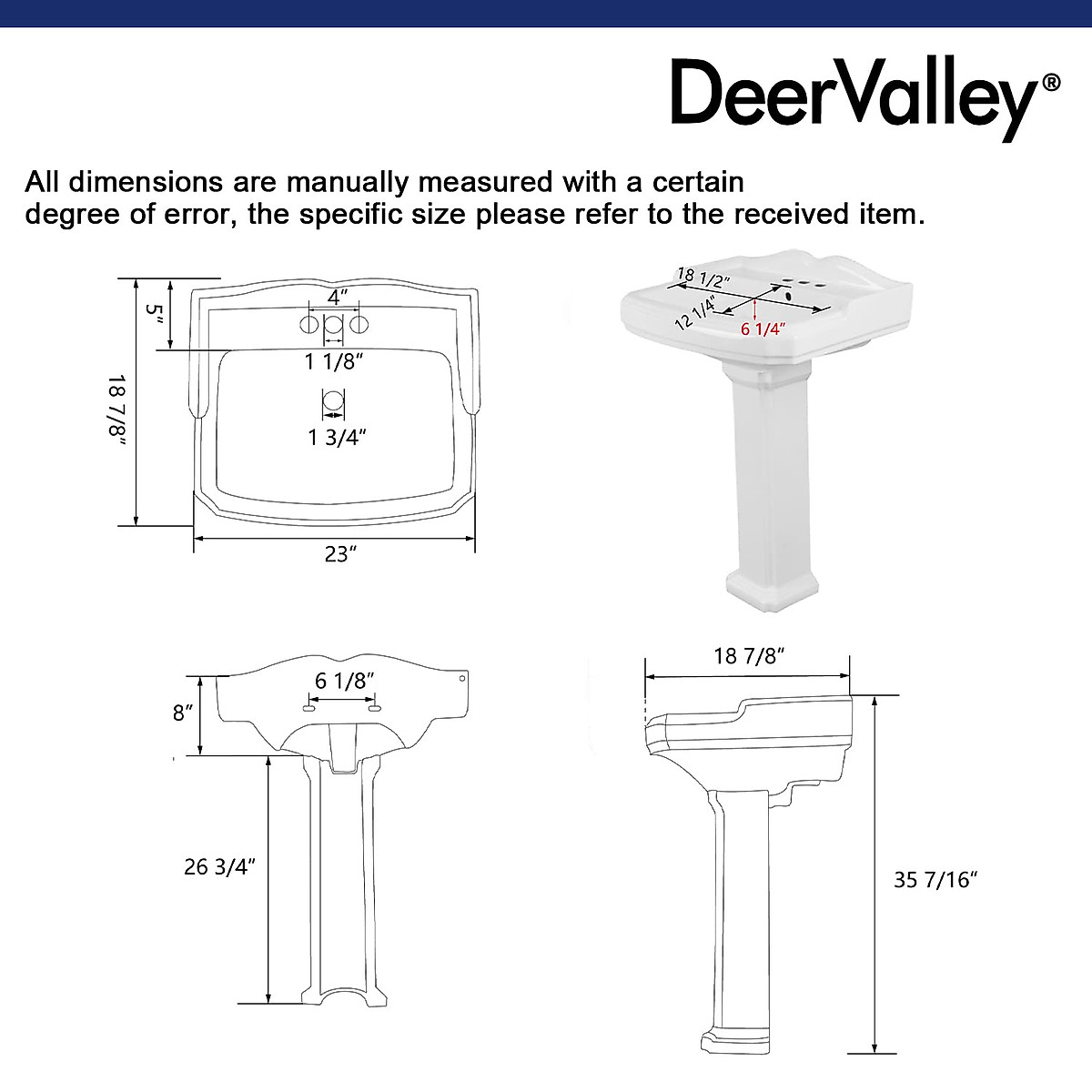 DeerValley DV-1P522 Dynasty Pedestal Sink 23" W X 19" D White Ceramic Pedestal Bathroom Sink With Overflow