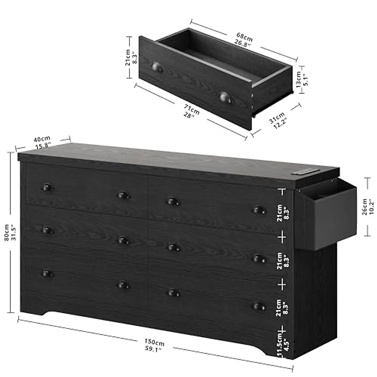 LIKIMIO Dresser for Bedroom 6 Drawer with Charging Station, TV Stand Storage Chest of Drawers for Living Room Hallway Entryway, MDF Board, Black