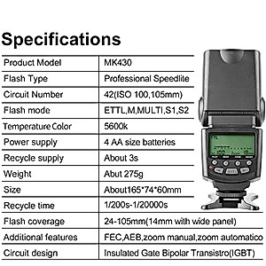 Meike MK430 TTL Flash Speedlite Compatible with Nikon D7100 D5300 D5200 D3500 D3100 D600 D800 D3200 D90 D80 D300 D7500 D780,etc