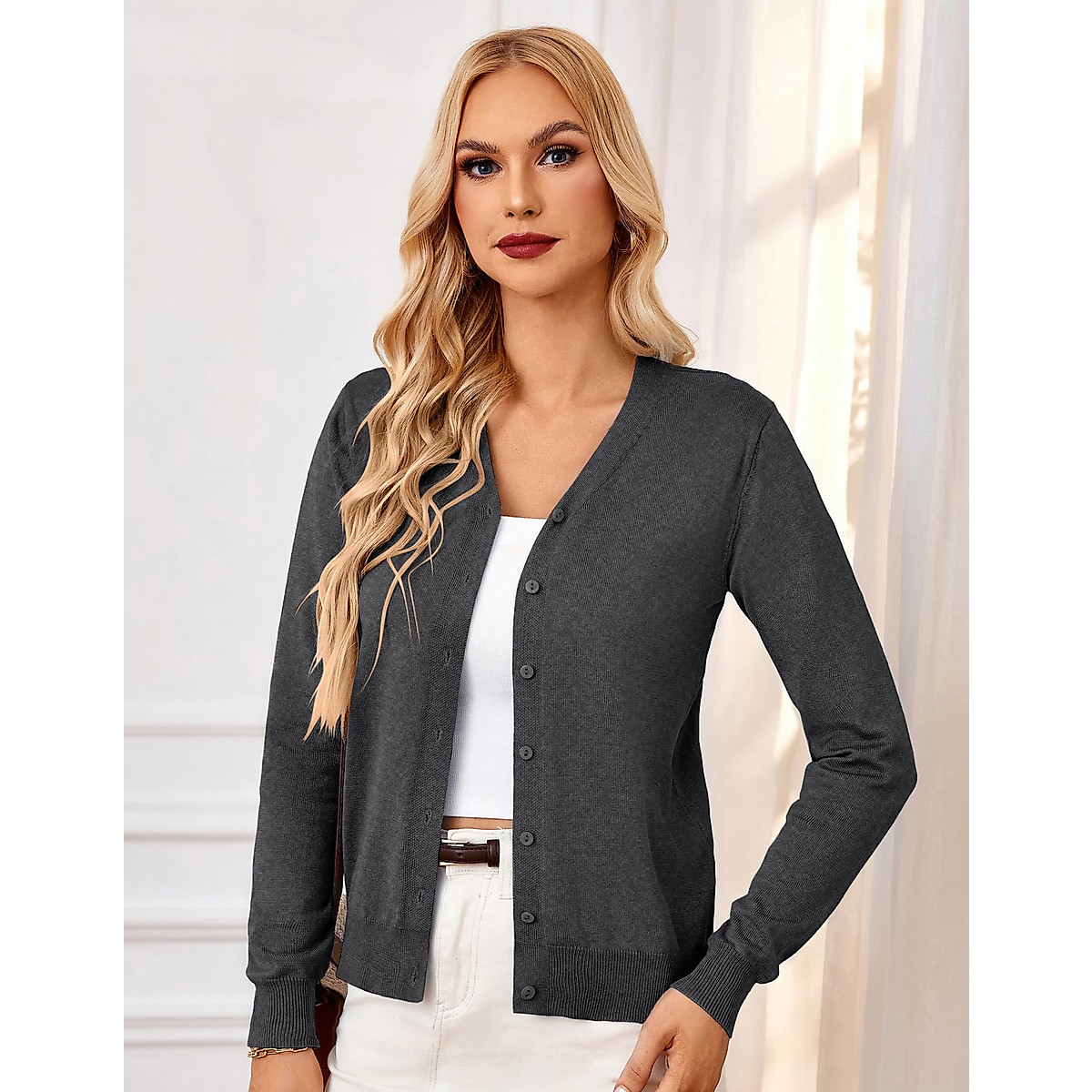 GRACE KARIN V Neck Knit Cardigan Sweaters for Women Plus Size Long Sleeve Tops Lightweight Casual Black Grey L