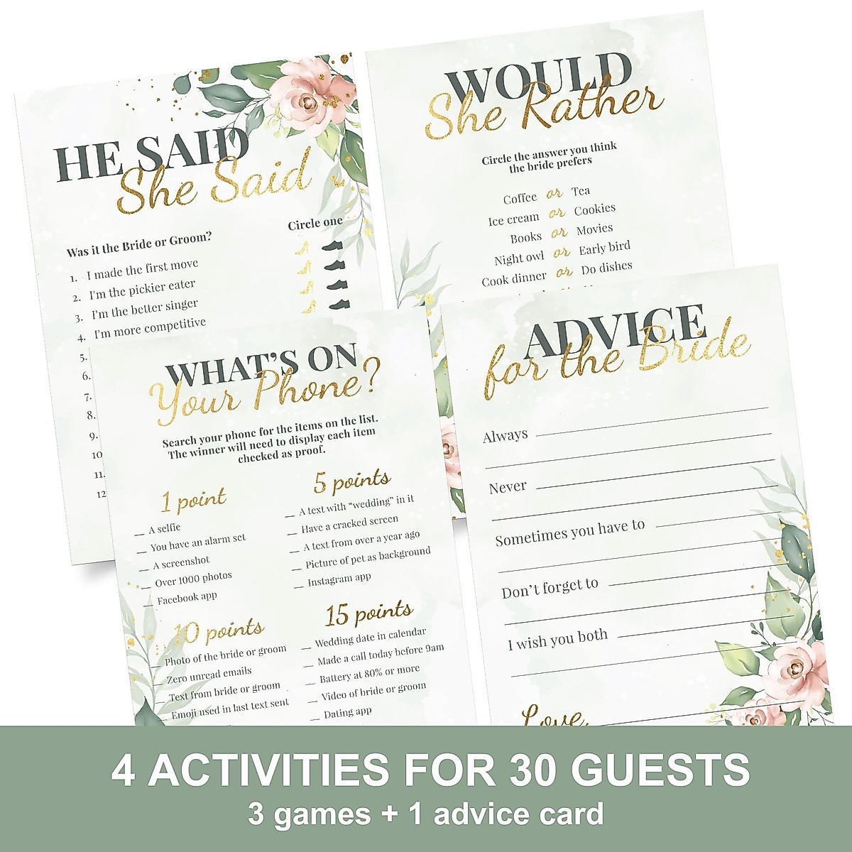 Bridal Shower Games + Advice Cards - For 30 Guests - 4 Activities on Double Sided Cards Includes 3 Games + 1 Advice Card - Greenery Floral Wedding Shower Games With Gold Metallic Details. Set of 4