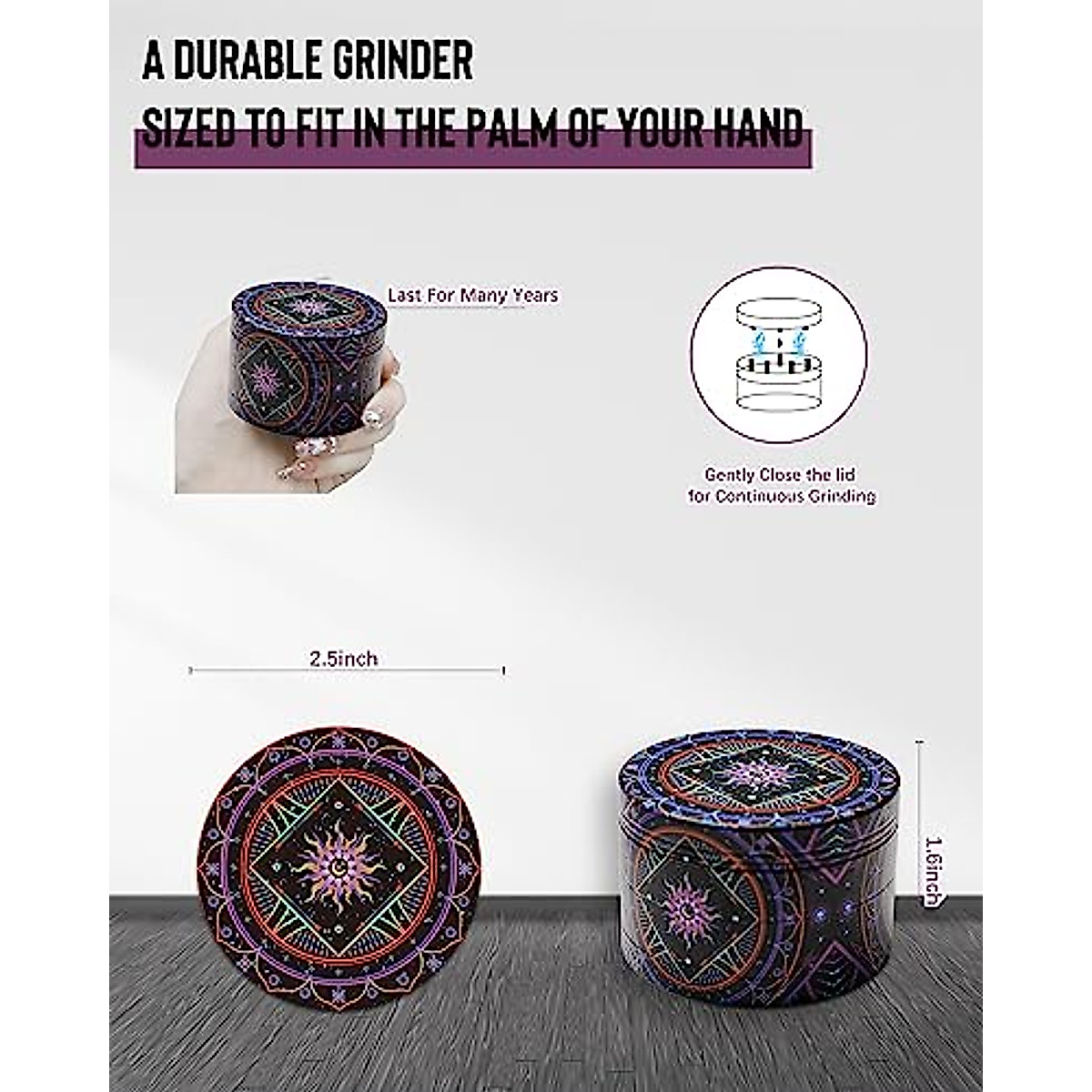 2.5" Grinder, Premium Stainless Steel Manual Grinder,Compact Size with Unique Pattern Design, Versatile Grinder(divination)