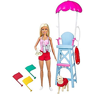 Barbie Careers Doll & Playset, Lifeguard Theme with Blonde Fashion Doll, 1 Dog Figure, Furniture & Accessories