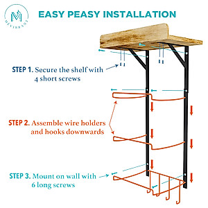 Yoga Mat Holder Wall Mount - 3 Tier Rack and 1 Wood Shelf with 4 Hooks - Ideal Storage Organizer for Home Gym Equipment and Workout Exercise Accessories and Easy to Install