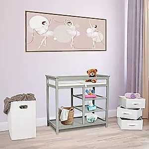 Kinbor Wood Baby Changing Table - Infant Diaper Changing Station and Dresser, Nursery Organizer with Pad, Laundry Hamper and 3 Storage Baskets, Gray