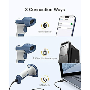 Inateck Bluetooth Barcode Scanner, 2D Wireless Barcode Scanner, Bluetooth 5.0 and 2.4Ghz Adapter, 3 in 1 Reader, Support GS1 Barcode, BCST-73 Blue White