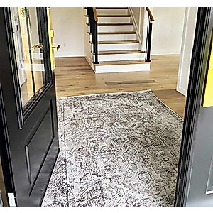 Hauteloom Hera Machine Washable Living Room Bedroom Area Rug - Pet Friendly - Vintage Distressed - Bohemian Oriental Persian Traditional Look - Olive Green, Grey, Beige - 7'10" x 10'2"