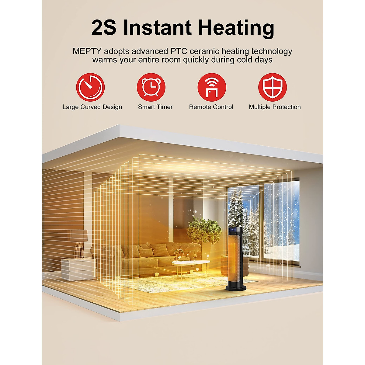 MEPTY Space Heater, 1500W Fast Heating Ceramic Electric Heaters with Remote,Thermostat, Oscillation, 1-12H Timer, Overheating & Tip-Over Protection, Portable Heater for Indoor Use (Black)