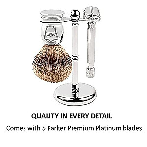 Parker 82R Shave Set, Includes Parker Pure Badger Shave Brush, Chrome Shave Stand, 82R Heavyweight Double Edge Butterfly Safety Razor and 5 Parker Premium Platinum Razor Blades