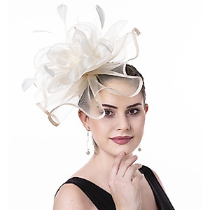 Fascinator Women's Organza Church Kentucky Derby British Bridal Tea Party Wedding Hat Summer Ruffle Hat, Medium(HJ2-Beige Flower)