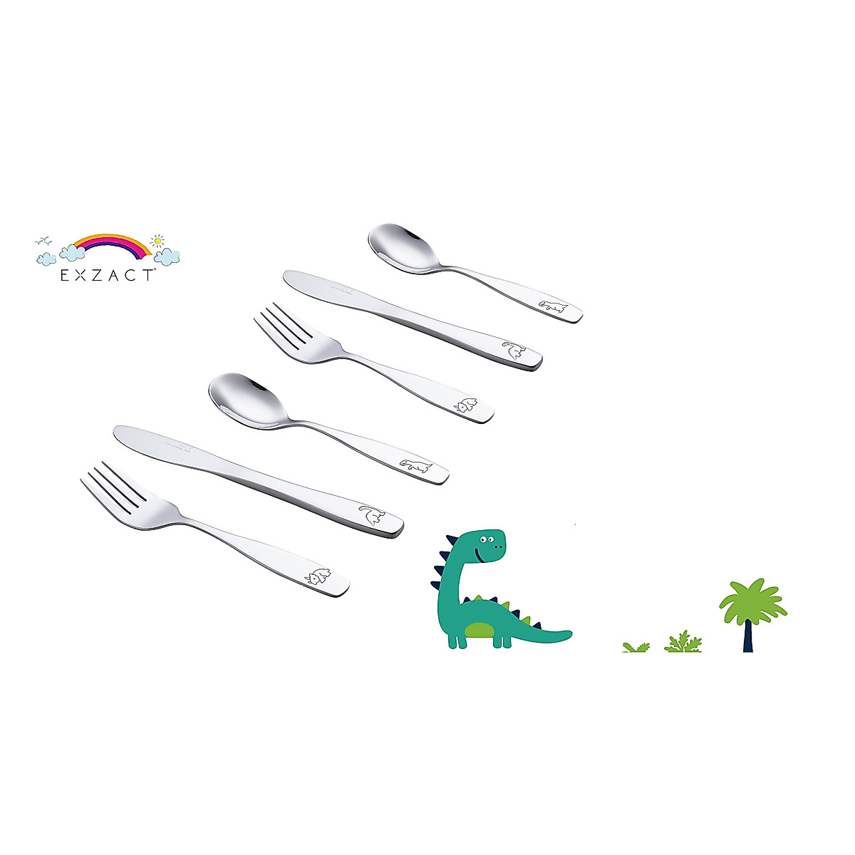 Exzact Kids Flatware 6 Pieces Set - Stainless Steel Silverware 2 x Forks, 2 x Safe Table Knife, 2 x Tablespoons - Child Toddler Utensils - Dinosaurs Engraved