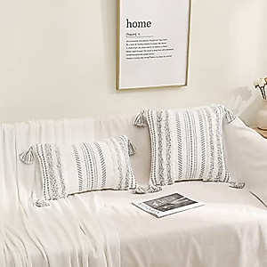 decorUhome Set of 2 Boho Decorative Throw Pillow Covers for Bed Bedroom Neutral Accent Cushion Cover Tufted Woven Pillow Case, 18x18, Grey and Cream White