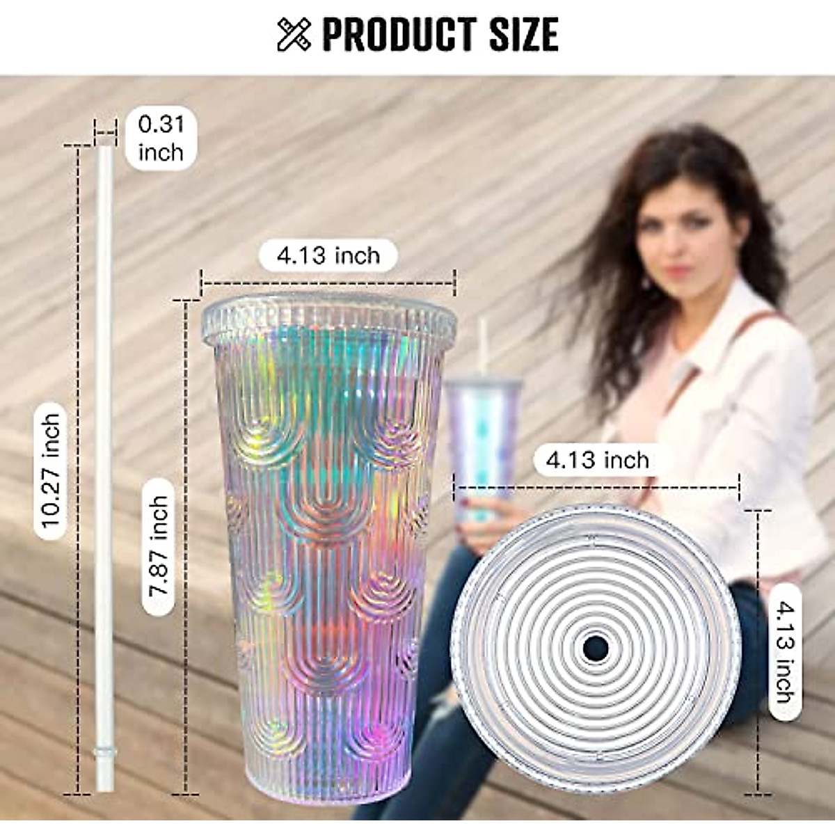 Bling NEW 24oz Tumbler with Lid and Straw Cups, Studded Fashion Water Ripple Double Venti Cups | 100% BPA FREE | Leakproof | Wide Mouth | Premium Quality Gifts