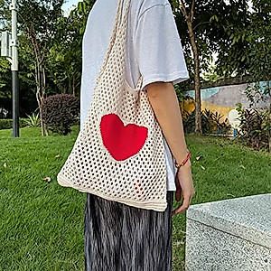 Women Hobo Bag Trendy Star Pattern Knitted Shoulder Bags Mesh Hollow Out Tote Bag Aesthetic Grunge Beach Bag (Apricot)