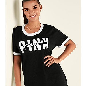 Victoria's Secret Women's PINK Logo Short Sleeve T-Shirt, Women T Shirt, Black Script, (XL)