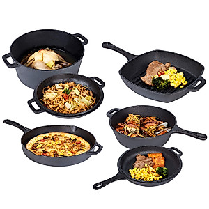 Bruntmor Pre Seasoned 6 pcs Pots And Pans Set - Double Dutch Oven Crockpot - Cooking Set - Cast Iron Skillets and Square Grill Pan with Lid - Outdoor Camping Cookware - Kitchen Accessories