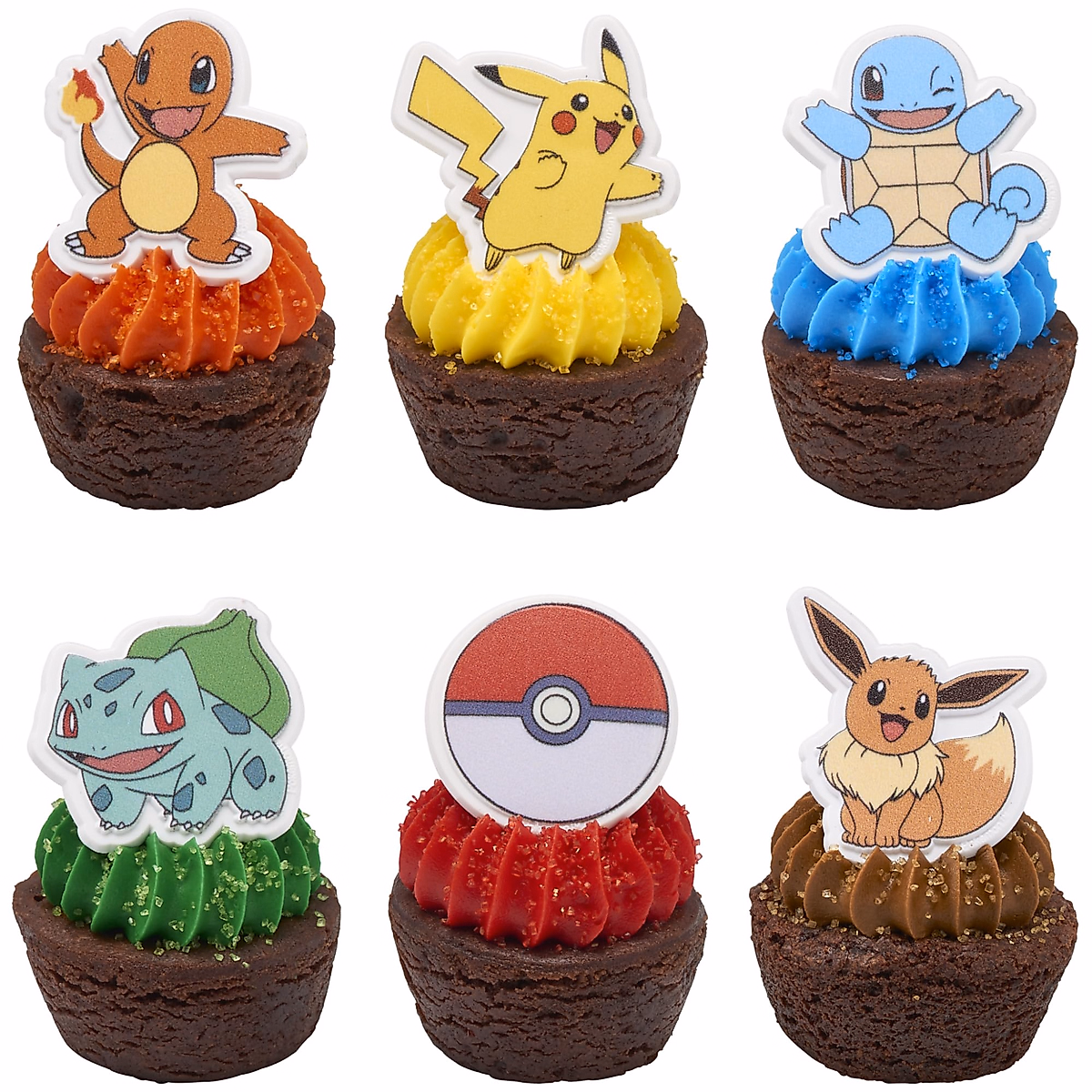 DecoPac Pokémon Rings, Cupcake Decorations With Pikachu, Bulbasaur, Eevee, Charmander, Squirtle, and Poké Ball, Multicolored Food Safe Cake Toppers – 24 Pack