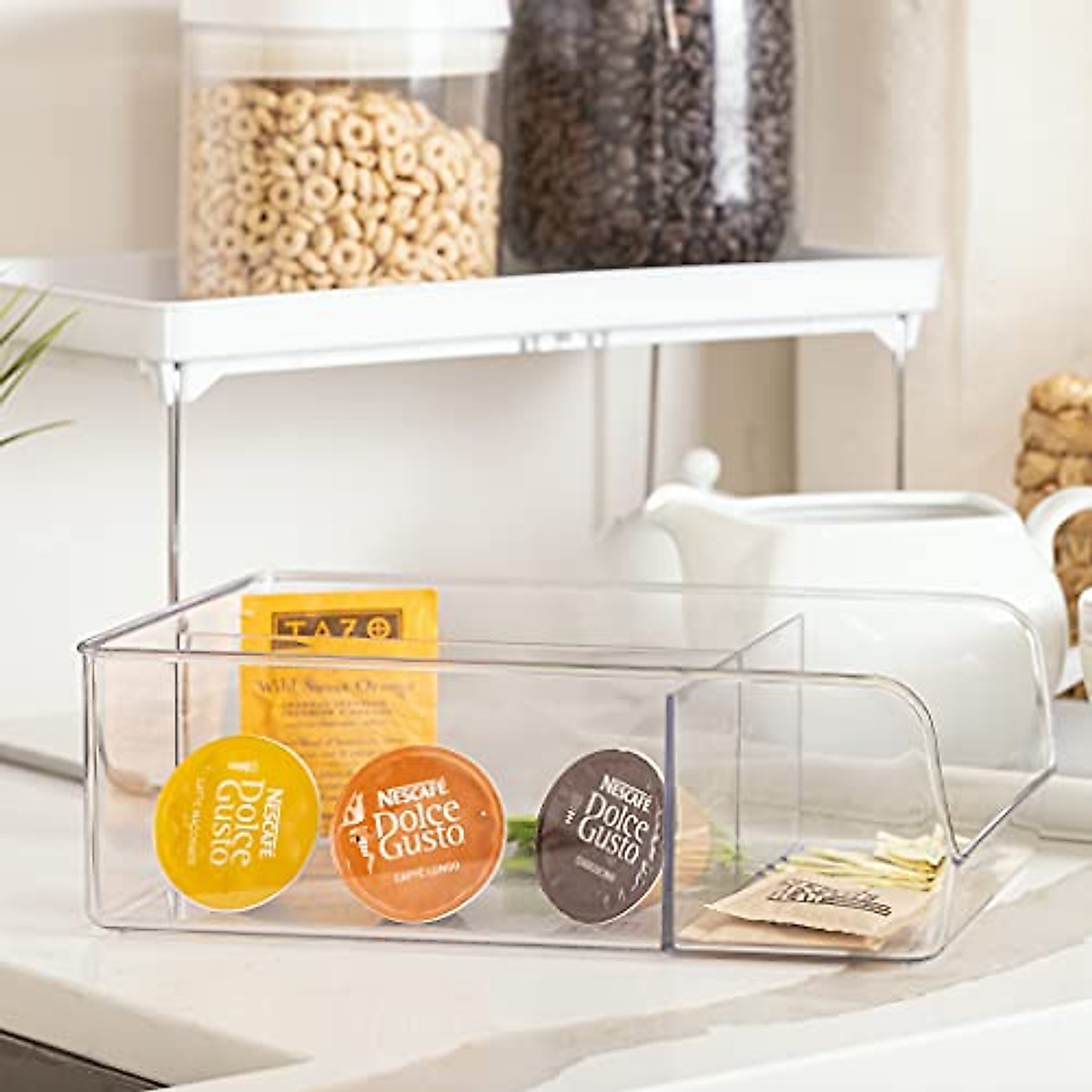 Smart Design 3 Compartment Clear Bin Organizer - Set of 2 - BPA Free Plastic Resin - Tea, Sugar, Straws, Fridge, Freezer, Cabinet, Food, Pantry Storage - Kitchen Organizer - Clear