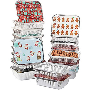 JOYIN 40 Pieces Christmas Foil Containers with Lid, 8 Holiday Designs, 7"x5.5"x2" Christmas Small Gift Bags Santa Sacks, for Holiday Leftovers Goodie Container or Cookie Exchange