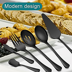 Homikit 6 Pieces Black Serving Utensils, Modern Stainless Steel Serving Hostess Set with Serving Spoons, Serving Fork, Pie Server, Butter Knife, Ice Cream Spoon, Shiny Mirror Polished, Dishwasher Safe