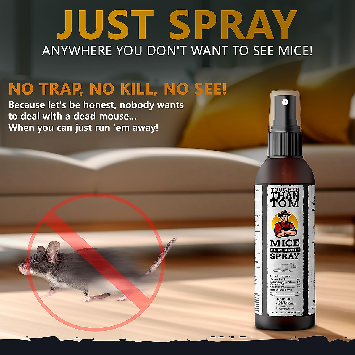 Tougher Than Tom Mouse Repellent Spray – 8 fl oz Premium Cinnamon and Peppermint Oil Spray for Rodents – Effective Mouse Repellent Indoor Spray – Mice Deterrent Spray – All-Natural Formula
