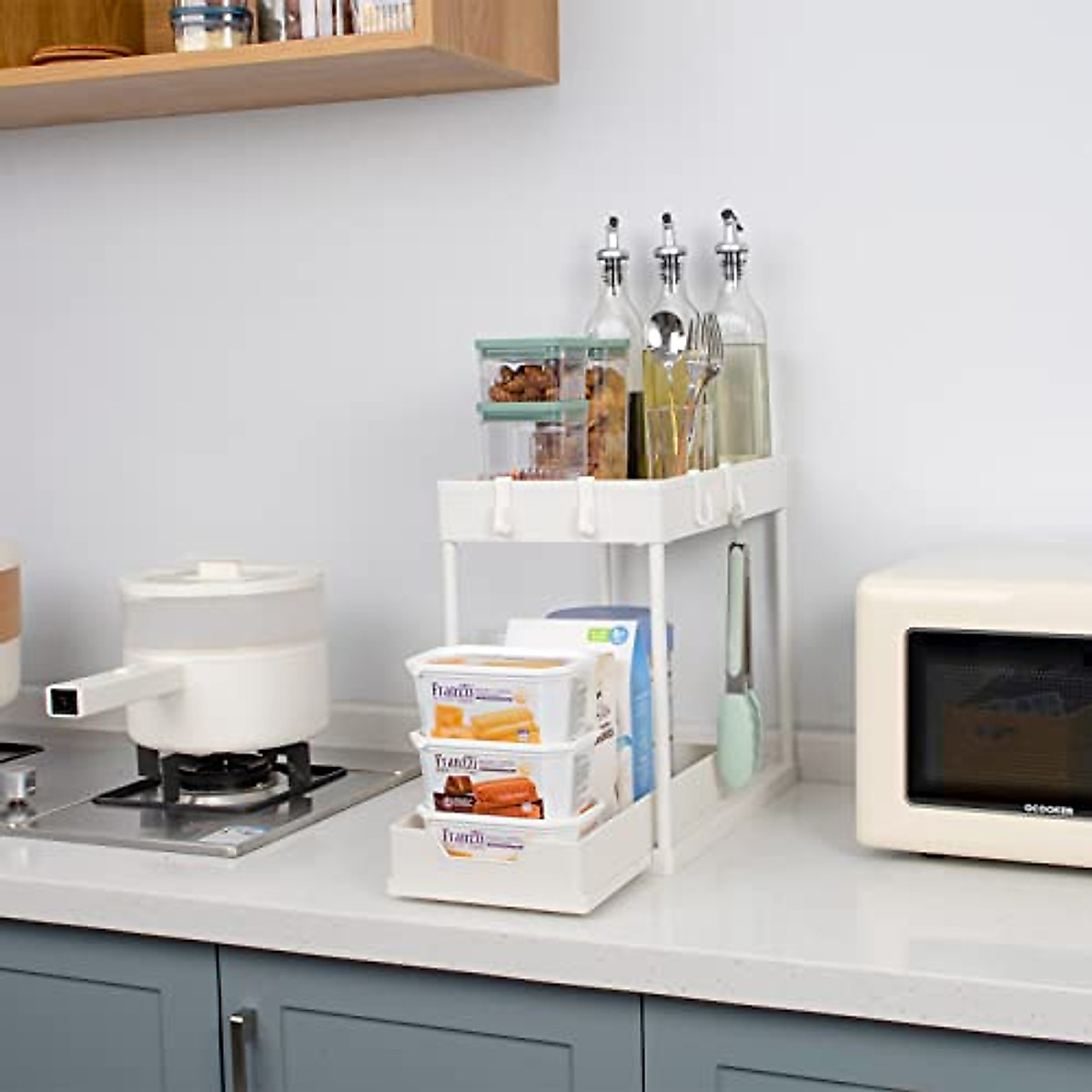 Under Sliding Cabinet Basket Organizer, 2-Tier Kitchen Under Sink Storage Drawer Rack Organizer Dust-proof Water-proof, Expandable Under Sink Organizer with 2 Cups and 4 Hooks, White