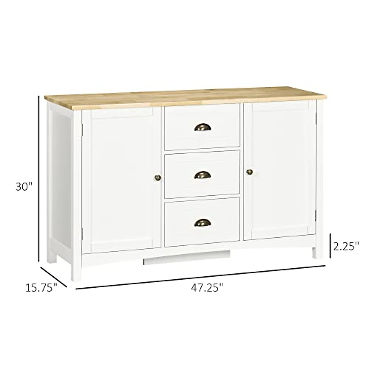 HOMCOM Sideboard Buffet Cabinet, Retro Kitchen Cabinet, Coffee Bar Cabinet with Rubber Wood Top, Drawers, Adjustable Shelves for Living Room, Entryway, White