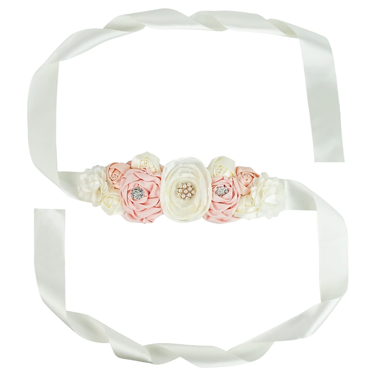 Lujuny Floral Bridal Maternity Sash Belt – Flower Ribbon Tie for Women Girls Wedding Pregnant Baby Shower Party Photoshoot (Beige Pink)