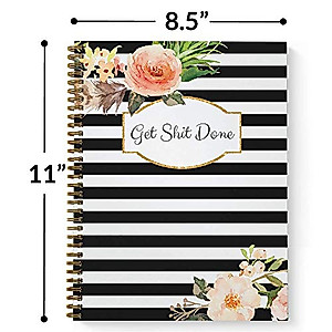 Softcover Classic Floral Get Stuff Done 8.5" x 11" Motivational Spiral Notebook/Journal, 120 Checklist Pages, Durable Gloss Laminated Cover, Gold Wire-o Spiral. Made in the USA