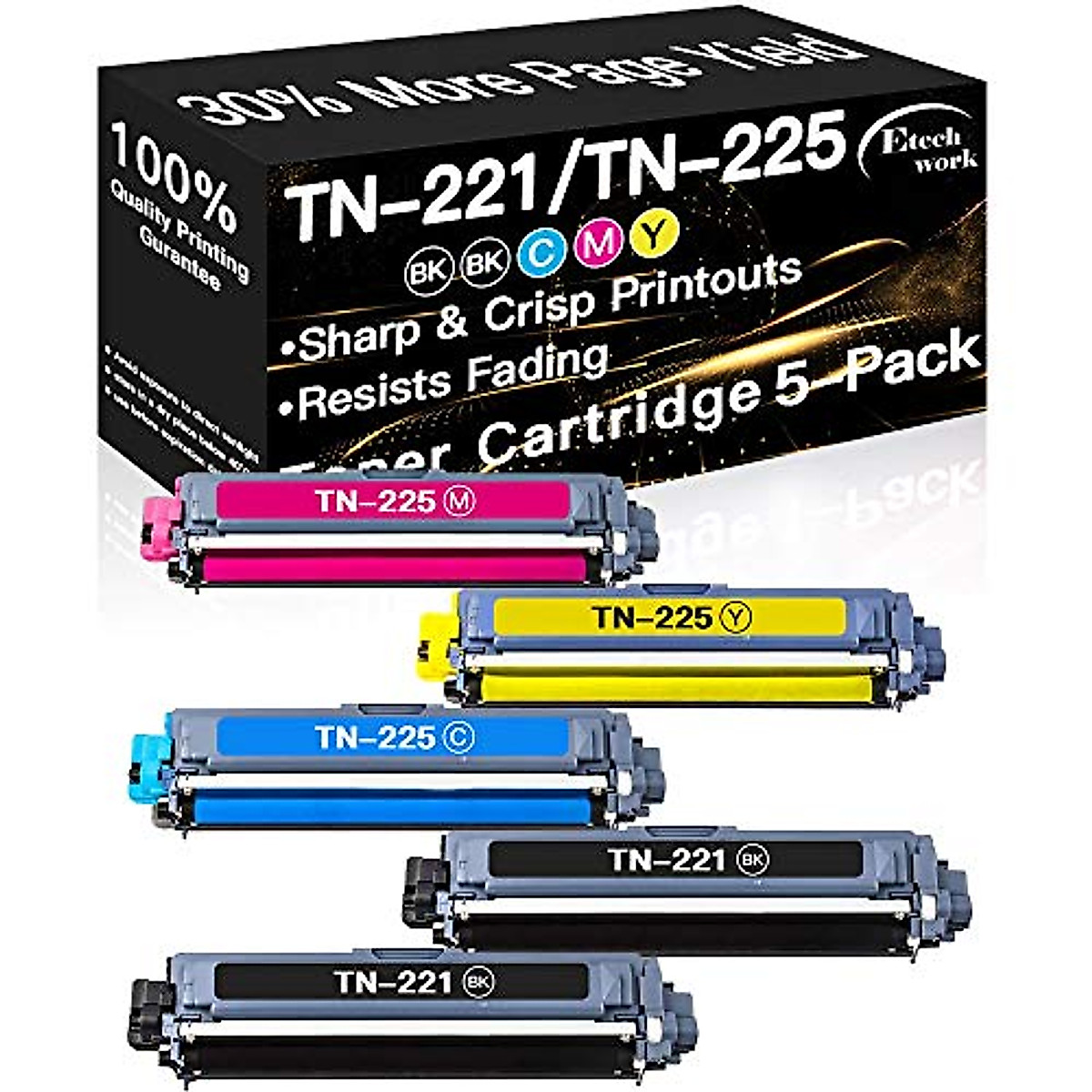 5-Pack (2BK+C+Y+M) Compatible TN-221 TN221 Printer Toner Cartridge TN-225 TN225 TN221/225 Used for Brother MFC-9340CDW 9330CDW 9130CW HL-3170CW 3180CDW DCP-9020CDN, Sold by Etechwork