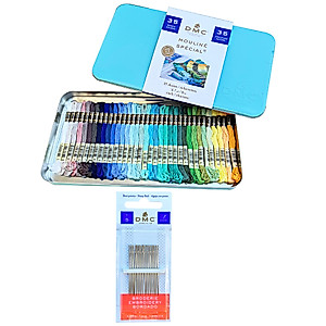DMC Embroidery Floss, Scenic Tin Collection, 35 Colors,DMC Cotton Embroidery Thread Assortment Pack Bundle with Hand Needles size 5. DMC Cross Stitch Supplies,Yarn Set, Premium String, DMC Threads Kit