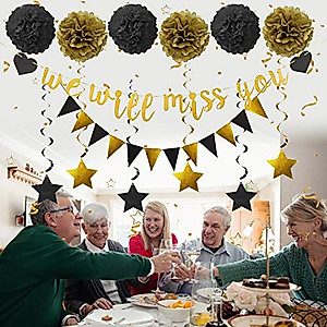 Farewell Party Decorations Supplies Kit - 14Pcs - We Will Miss You Banner, Triangle Flag, 6Pcs Star Swirl, 6Pcs Pom - Great for Retirement Farewell Going Away Job Change Party Decorations(Black Gold)