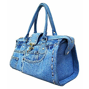 Upcycling Blue Denim Jean Large Capacity Doctor Style with Hand Stitching Edge Top Handle Satchel Structured Handbag for Women