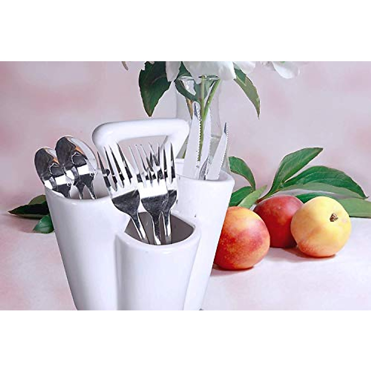 Farmhouse Decor 4 Section Ceramic Silverware Holder - Flatware and Cutlery Caddy - Kitchen Table Organizer (White)