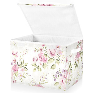 ALAZA Collapsible Large Storage Bin with Lid, Vintage Rose Pink Foldable Storage Cube Box Organizer Basket with Handles, Toy Clothes Blanket Box for Shelves, Closet, Nursery, Playroom