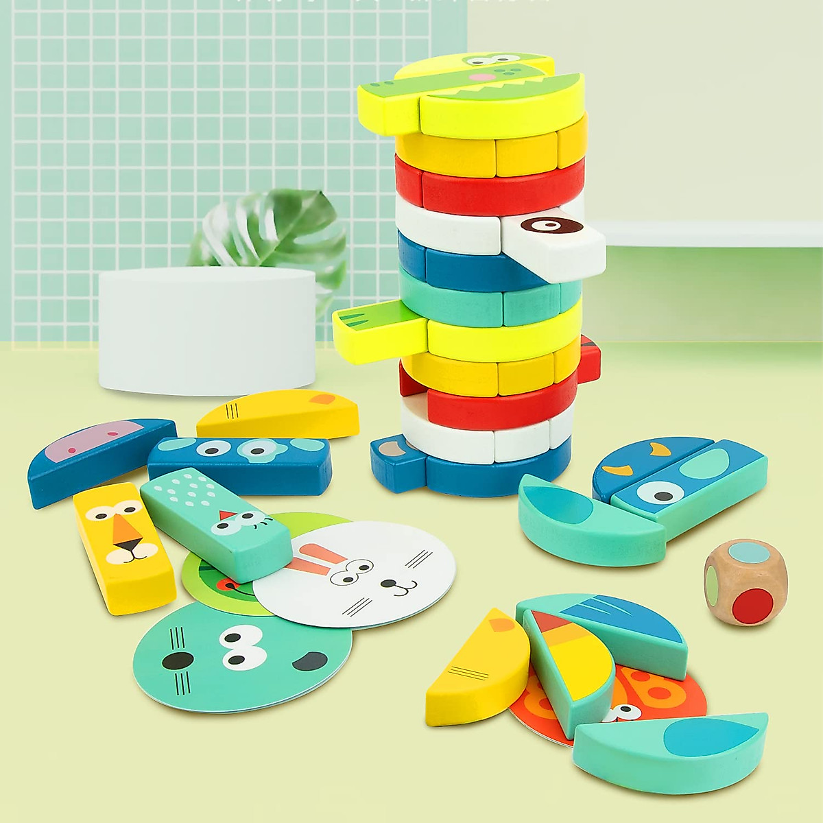 TOOKYLAND Wooden Tumble Tower Game - 61pcs - Stacking Blocks, Animal Cards and Die. Ages 3+