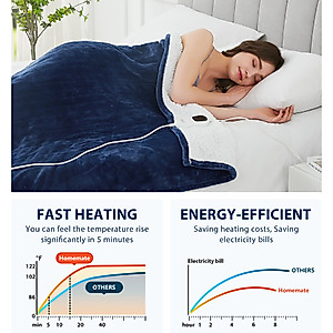 Homemate Heated Blanket Electric Throw - 50"x60" Heating Blanket Throw 1/2/4/6/8 Hours Auto-off 10 Heat Level Heat Blanket Over-heat Protection Flannel Sherpa Heater Blanket Electric ETL Certification