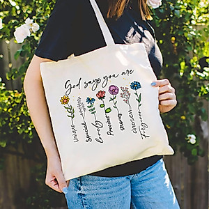 Haukea God Says You Are Bible Canvas Tote Aesthetic Floral Christian Tote Bags Inspirational Gifts for Women Faith Based Gifts Religious Gifts Church Bags