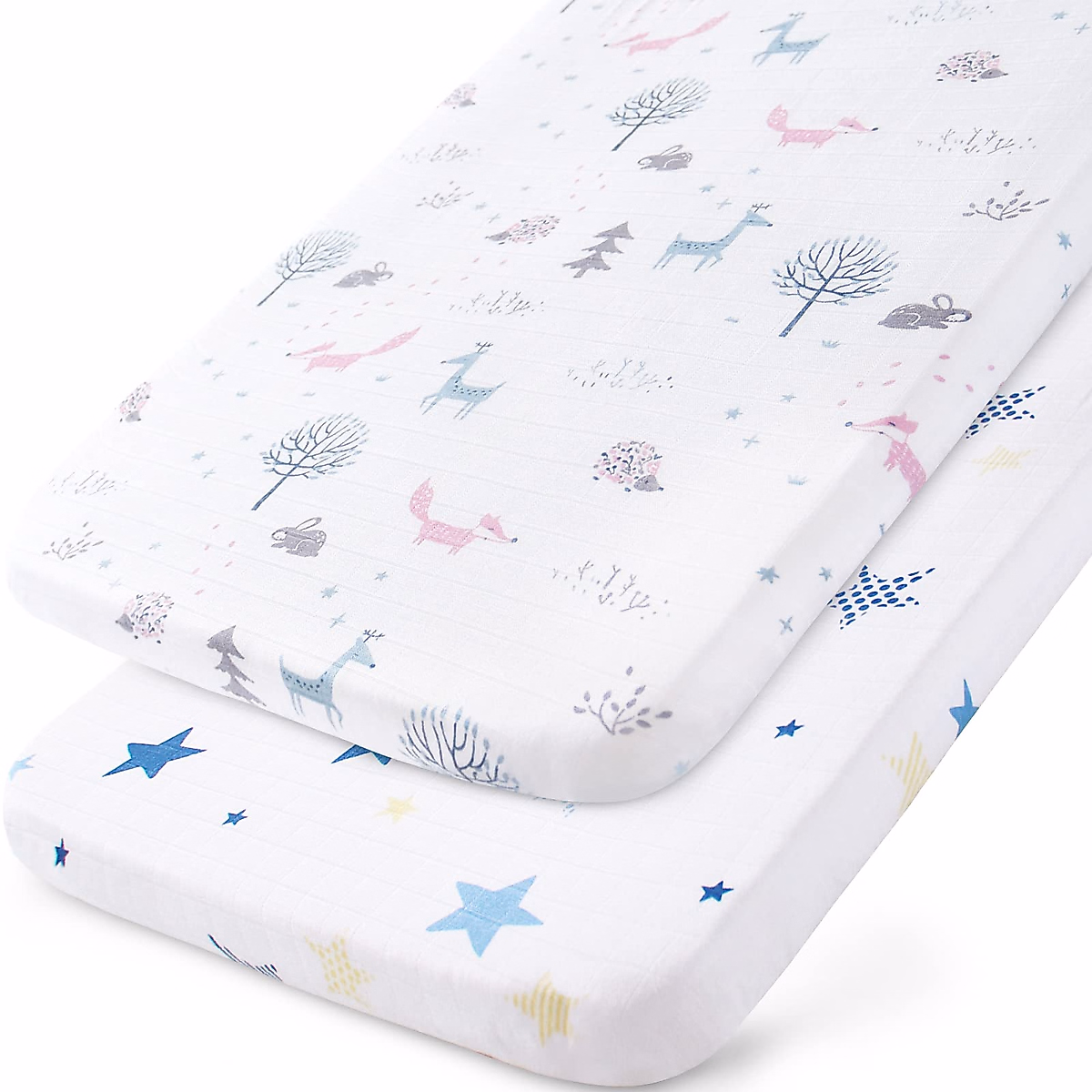 Muslin Bassinet Sheets 20''x33'' Fit for Baby Delight, Mika Micky, Koolerthings (3 in 1), Maxi COSI, Angelbliss and Other Rectangle Bassinet Mattress, Ultra Soft and Breathable, Star & Fox, 2 Pack