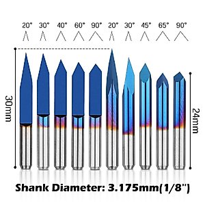 Genmitsu 10 Pcs 1/8'' Shank CNC Router Bits Set, Flat V-bit & Triangular V-bit, 20 /30 /45 /60 /90 Degree 0.1mm Tip, Nano Blue Coat, Engraving Tool for CNC Signmaking Carving Lettering 2D&3D Sculpture