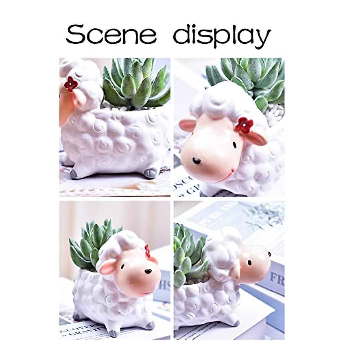 Cute Animal Sheep Small Flower Pot with Drainer Garden Flower Pot Resin Succulent Potted Bonsai Plant Stand Home Desk Mini Ornaments Without Plants