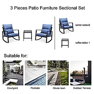 Wallowsun 3-Piece-Set Bistro Set Patio Set Outdoor Furniture with 2 Black Wicker-Top Rocking Chairs Going with Cobalt Blue Cushions and 1 Glass-Top Table for countyard,Poolside