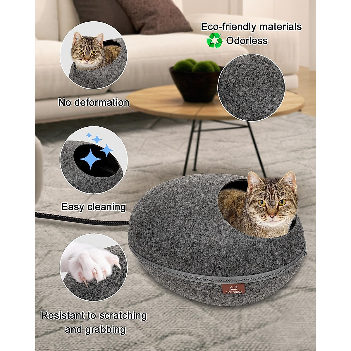 clawsable Heated Cat Bed for Large Cats, 19" Detachable Cave Heated Pet Bed with Time & Temp Adjustable Pet Heating Pad for Indoor Cat, Electric Cat Bed Heater Warmer for Cat
