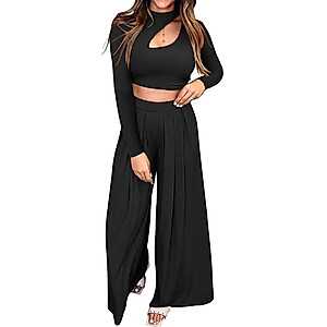 BTFBM Women's 2 Piece Tracksuit Outfits Cutout Long Sleeve Crop Top Wide Leg Pant Ribbed Knit Sweatsuits Yoga Lounge Set(Solid Black, X-Large)