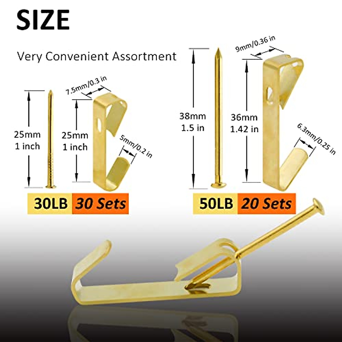 Picture Hooks, 100 Pieces Picture Hanging Kits Including 30lb and 50lb Picture Hanging Hooks, 2 Sizes Professional Picture Hangers with Nails for Drywall Wooden Wall