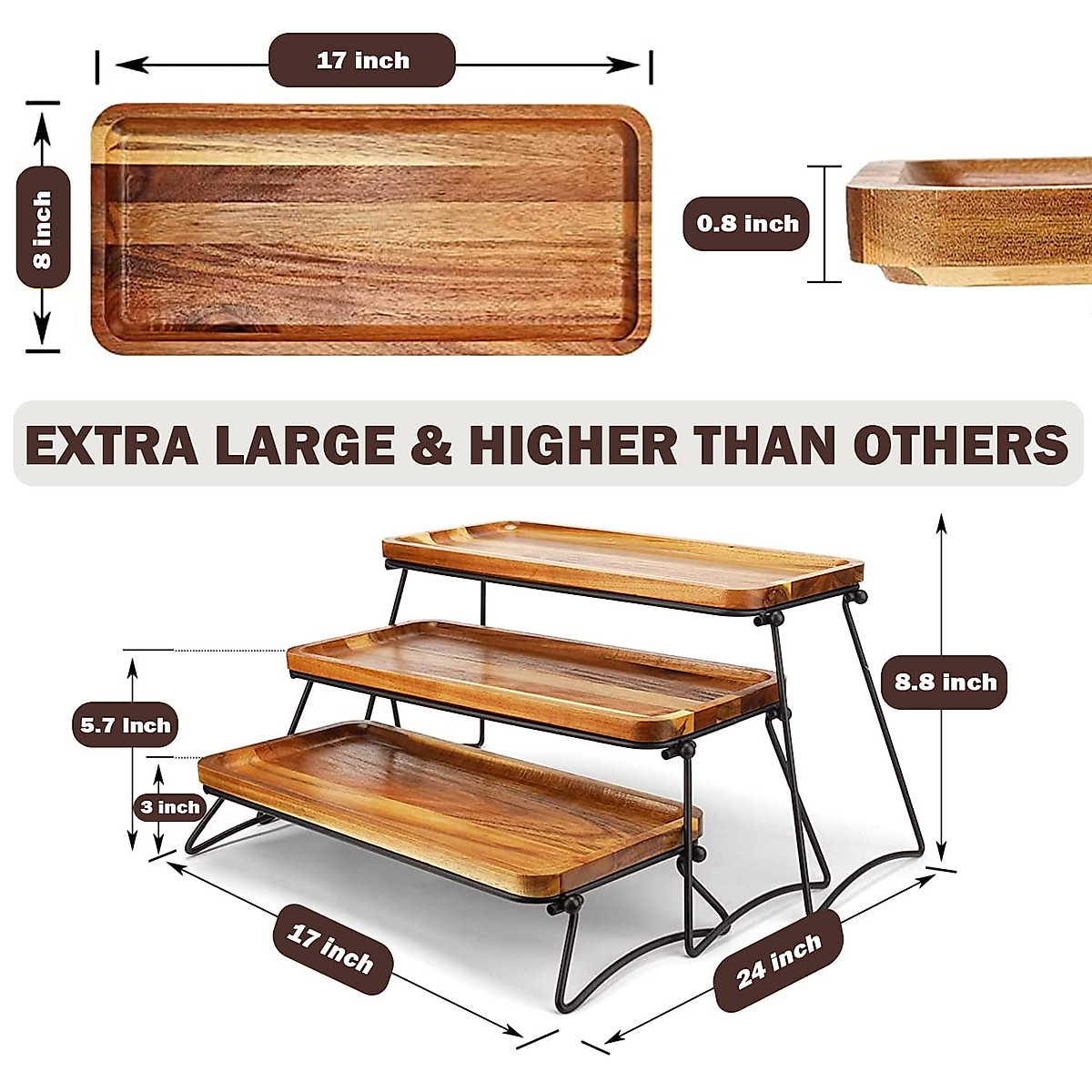 Eco-Friendly Food Platter Serving Tray - Cupcake Stand - Acacia Wooden Towers Dessert Table Display Set - 3 Tiered Decor Small Cheese Charcuterie Boards Rustic Wood Platters Trays - For Family Parties