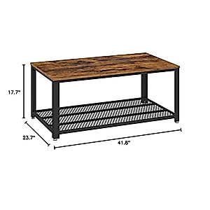 VASAGLE Coffee Table for Living Room, 2-Tier Cocktail Table, Center Table with Mesh Shelf, Steel Frame, Adjustable Feet, Industrial Style, Rustic Brown and Black ULCT61X