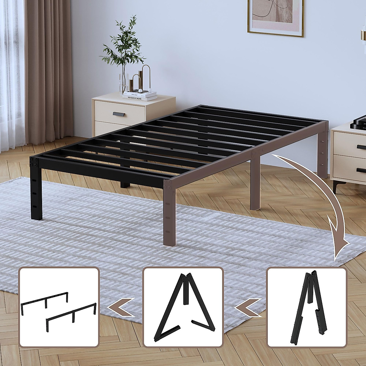 SHOANED Twin Metal Bed Frame - 14 Inch Tall Heavy Duty Bedframe Black Basic Steel Slats Platform No Box Spring Needed/Easy Assembly/Noise Free